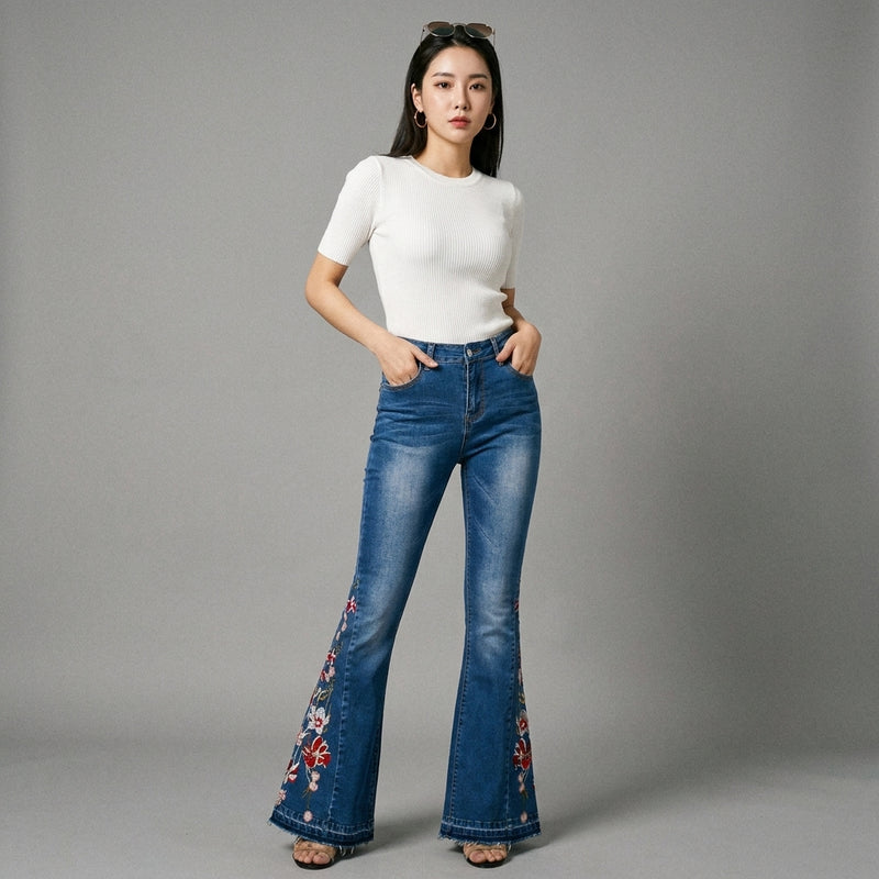 Denim Flared Pants 3D Heavy Industry Embroidered Denim Women's Autumn ...